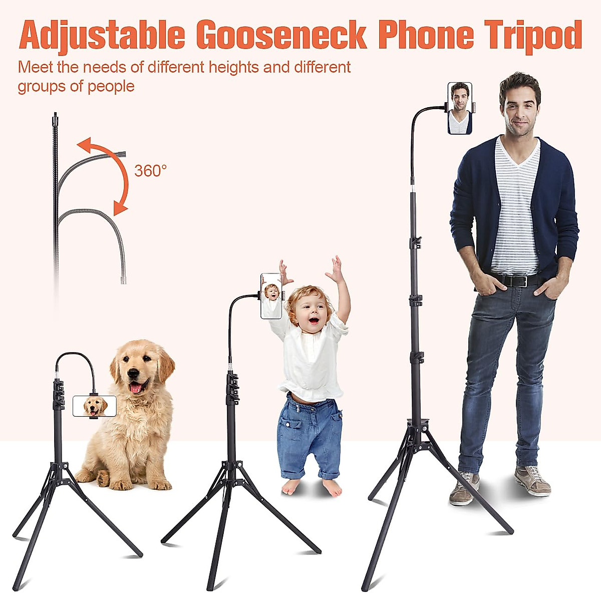Phone Floor Tripod Stand, Lusweimi 81" Tall Cell Phone Tripod, Overhead 360°Adjustable Gooseneck Tripod with Phone Holder, Compatible with iPhone 15 Pro Max/Plus/14/13/12 for Video Recording