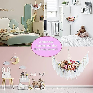 GSZTTKX Stuffed Animal Hammock,Macrame Large Toy Net Hanging for Stuffed Animals Storage Organizer Wall Corner,Boho Plush Stuffed Animal Holder Children Room Nursery Decor (with Light,Beads,White)