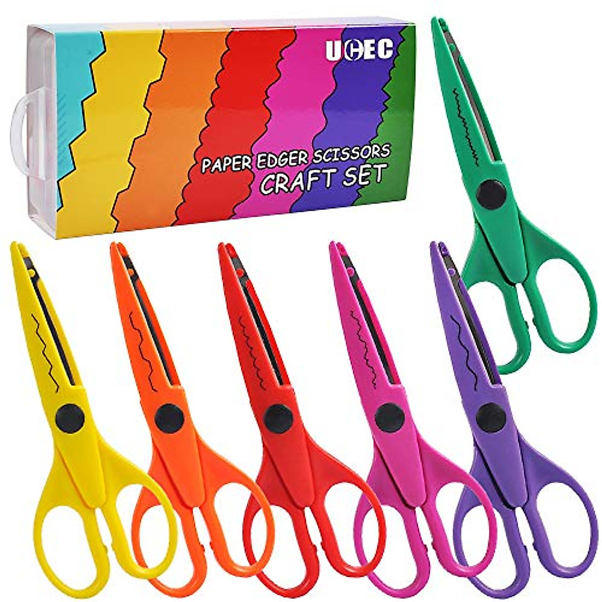 UCEC Craft Scissors Decorative Edge, 6 Pack Extended Crafting Scissors, Pattern Scissors with Different Designs on Blades, Fun Scissors for Kids, Teachers, Crafts, Scrapbooking, DIY Photos, Album