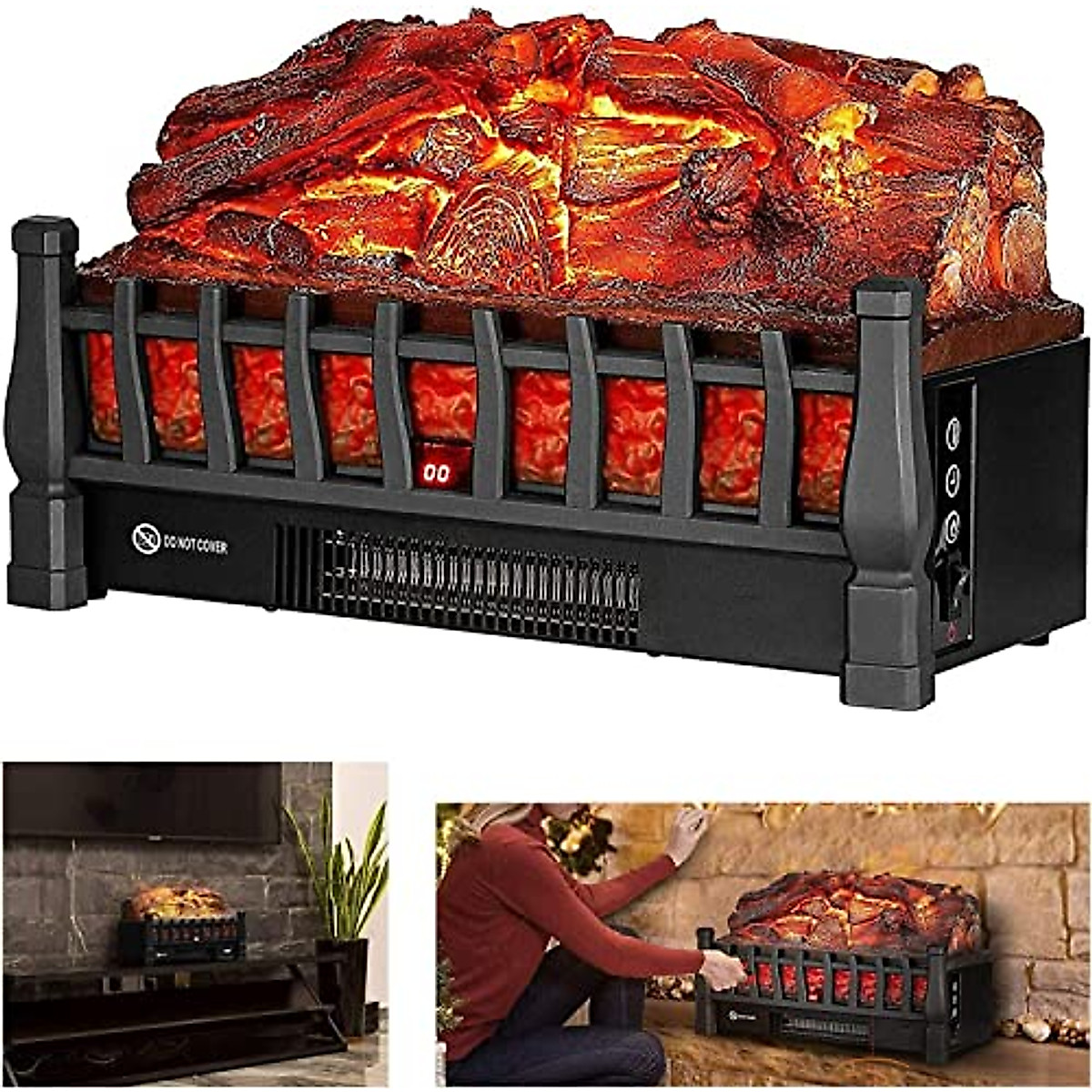 Realistic Fireplace Flame Electric Insert Log Heater Insert Wood Fire 110V Electric Fireplace Ember Bed Fan Heater w/t Infrared Remote Black Unit Cozy Warm Comfort Energy Efficient Home Bedroom QZPUSA