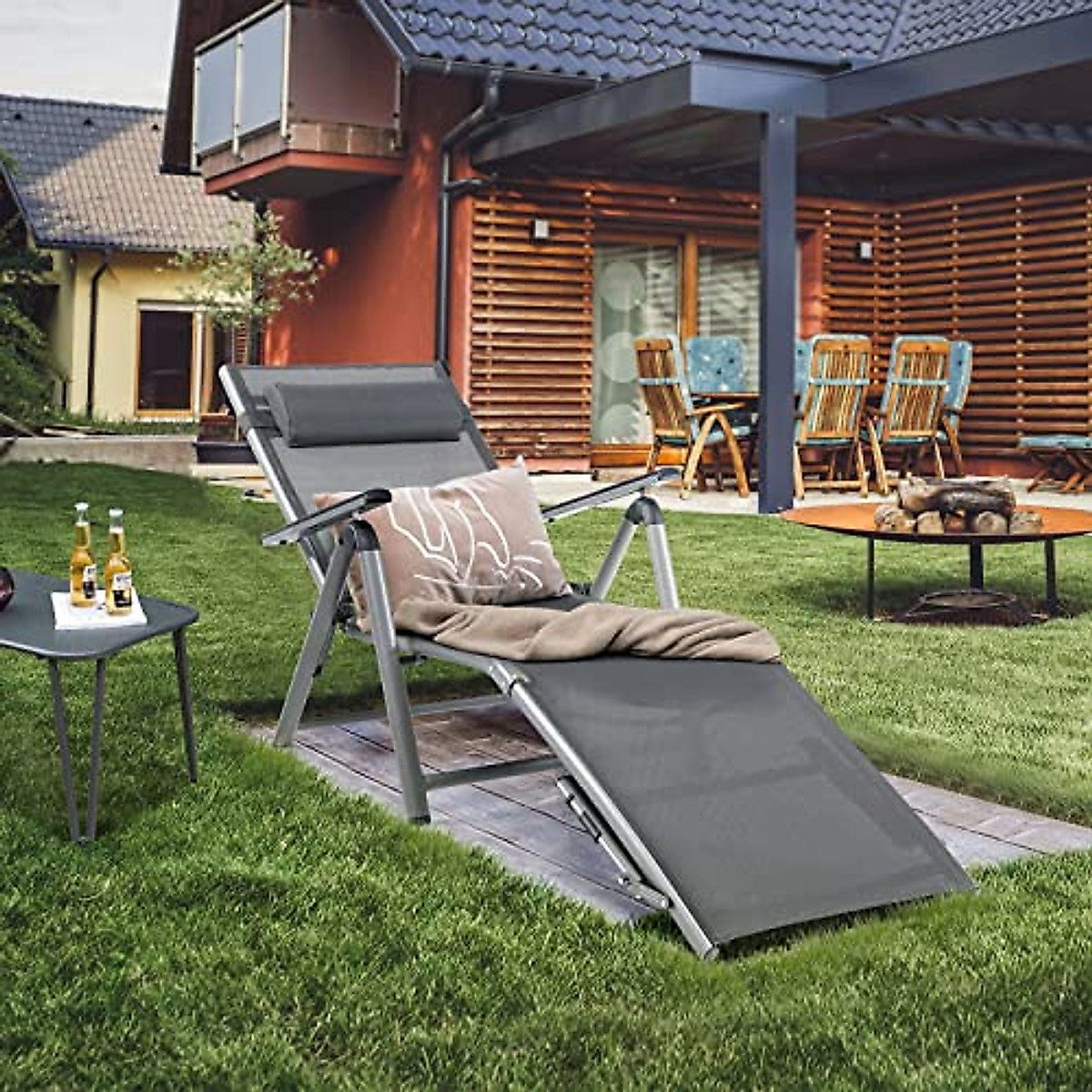HAPPYGRILL Patio Lounge Chair Aluminum Chaise Lounge Chair with 8-Position Adjustable Backrest, 2-postion Footrest, Comfortable Headrest, Outdoor Folding Reclining Chair for Patio Poolside Backyard