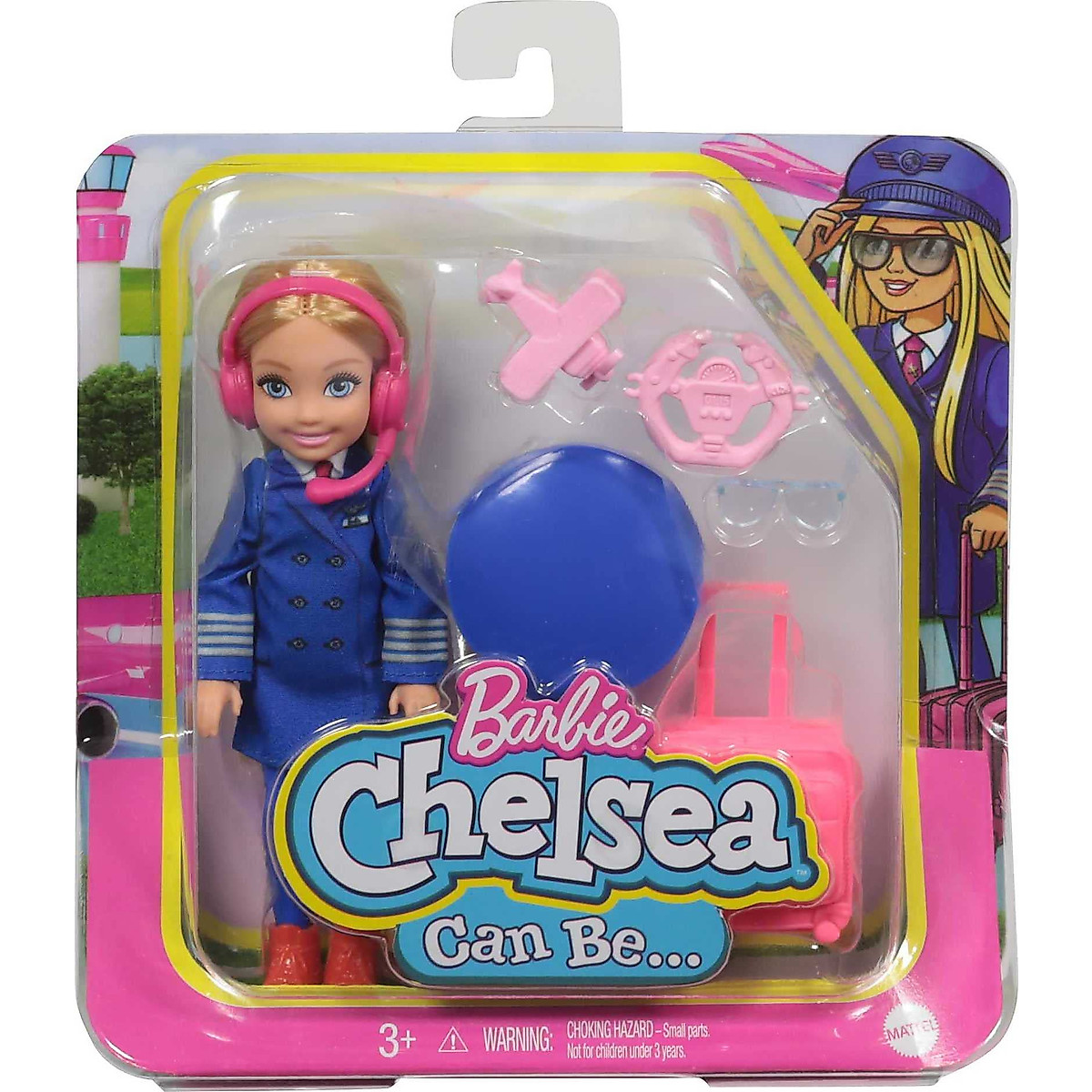 Barbie Chelsea Can Be Playset with Blonde Chelsea Pilot Doll (6-in), Luggage, Headset, Cockpit Wheel, Mini Plane, Glasses, Great Gift for Ages 3 Years Old & Up