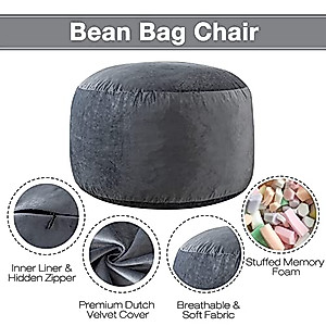 WhatsBedding 3 ft Bean Bag Chairs for Adults/Teens with Filling, Medium Bean Bag Sofa with Memory Foam, Furniture Bag with Soft Dutch Velvet Cover, Dark Gray, 3 Foot