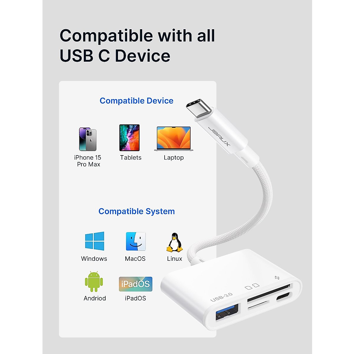 4-in-1 USB C SD Card Reader, JSAUX USB-C Micro SD Card Reader with (USB 3.0 & Charging) Port Compatible with iPhone 16/16 Plus/16 Pro/16 Pro Max, Android, Mac, Galaxy, iPad Pro, Camera -White
