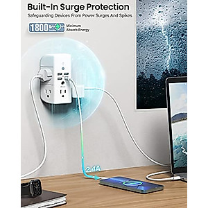 Wall Outlet Extender with Shelf and Night Light,Surge Protector,USB Wall Charger with 5 USB Outlets and 3 USB Ports 1 USB C Outlet Wide Space 3-Sided Power Strip Multi Plug Outlets…
