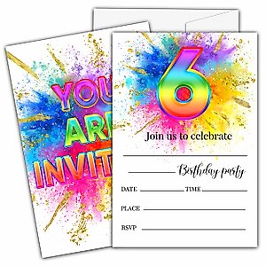 Ycyfckdr 6th Birthday Invitations for Kids, Rainbow Painting Birthday Party Invitation Cards, Gold Foil Party Celebration Supplies Decoration -20 Fill in Invitations with Envelopes (A02)