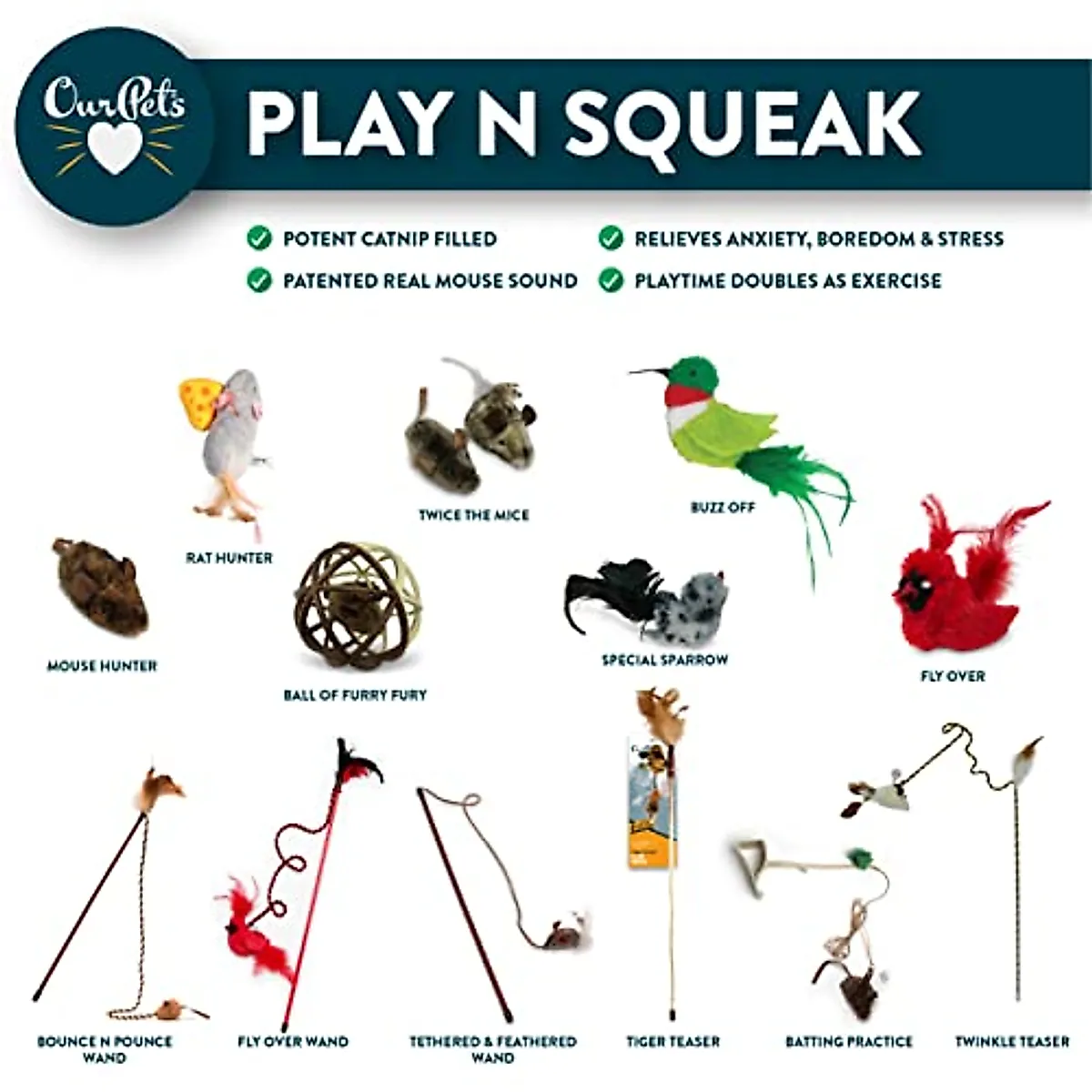 Our Pets Play-N-Squeak Batting Practice Interactive Cat Toy (Cat Toys for Stimulating Play with Real Mouse Sound, Catnip Toys to Entice Hunting Instincts) Brown 4.5 x 1.6 x 7.8 inches