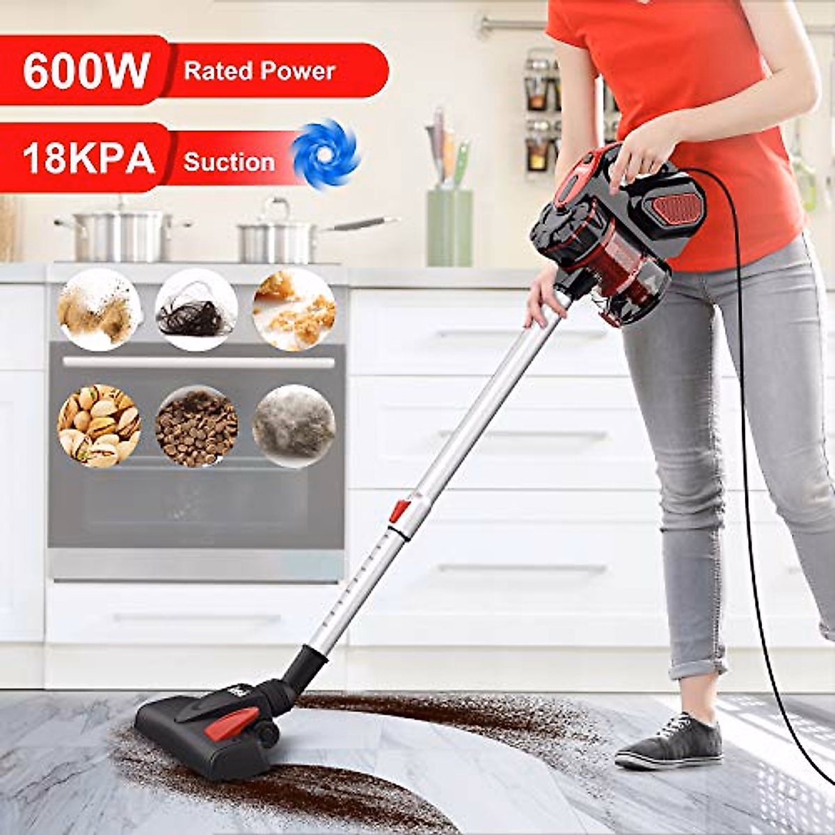 INSE Corded Vacuum Cleaner, 600W Powerful 18000Pa Vacuum Cleaner, 6-in-1 Versatile Lightweight Corded Stick Vacuum Cleaner for Pet Hair Hardwood Floor - Crimson