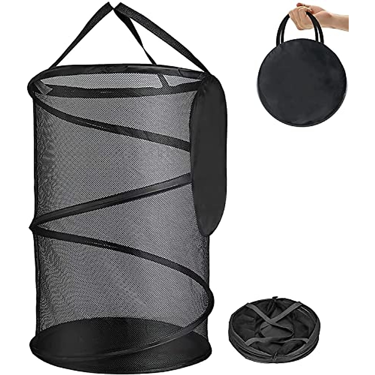 Collapsible Mesh Popup Laundry Hamper, Foldable Dirty Clothes Basket w/Strong Carry Handles/Solid Bottom/High Carbon Steel Frame/Storage Bag, Great for Kids Room/College Dorm/Travel, Round, Black