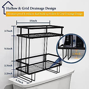 BEJICAN Over Toilet Storage Shelf Bathroom Organizer Free Standing Restroom Organizers with Adhesive Base and Hooks,Anti-Tilt No Drilling Wall Mounting Rack,Space Saver(Black, 2-Tier)