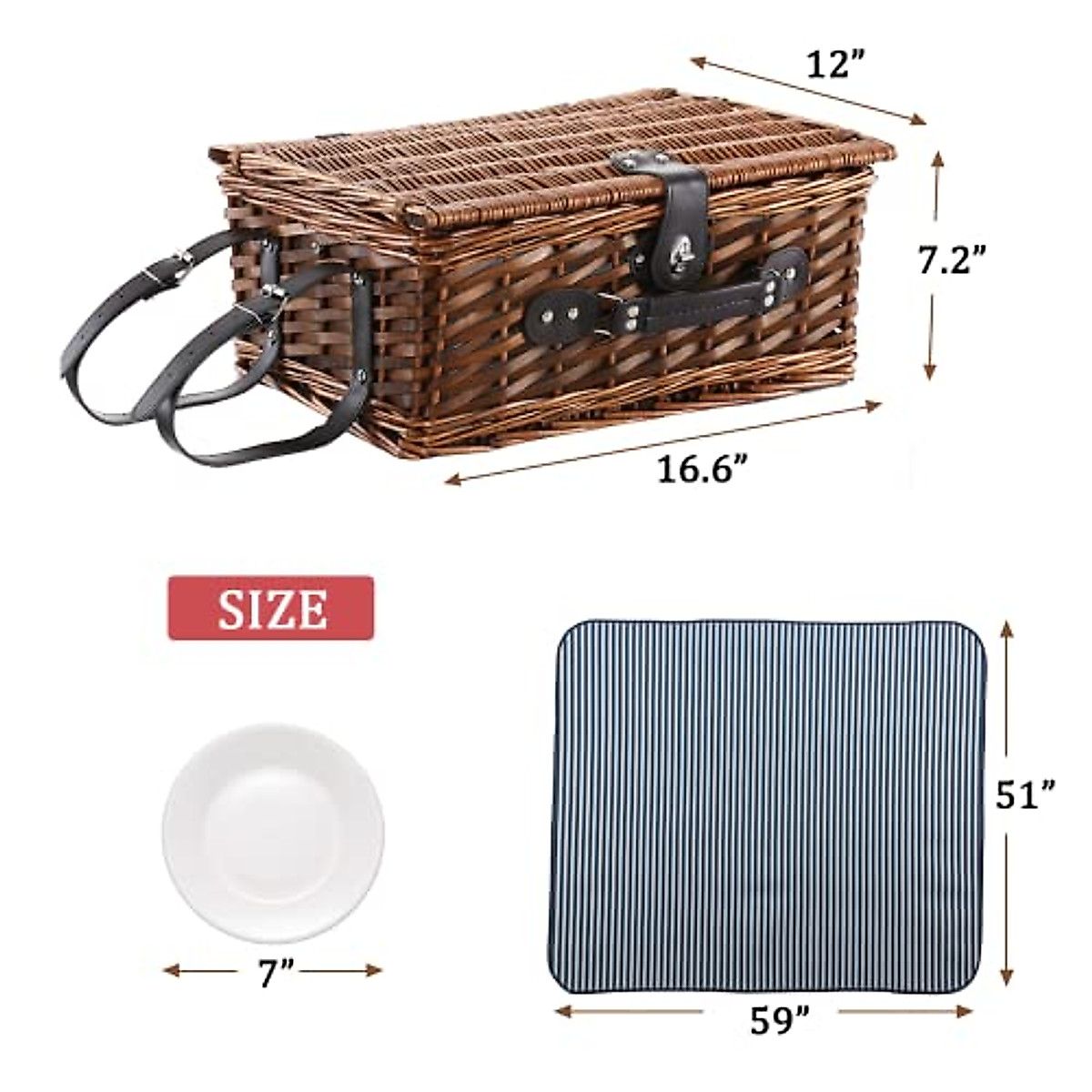 HYBDAMAI Willow Picnic Basket Set for 4 Persons with Waterproof Picnic Blanket, Wicker Picnic Basket for Camping, Outdoors, Valentine's Day, Christmas, Thanksgiving, Birthday