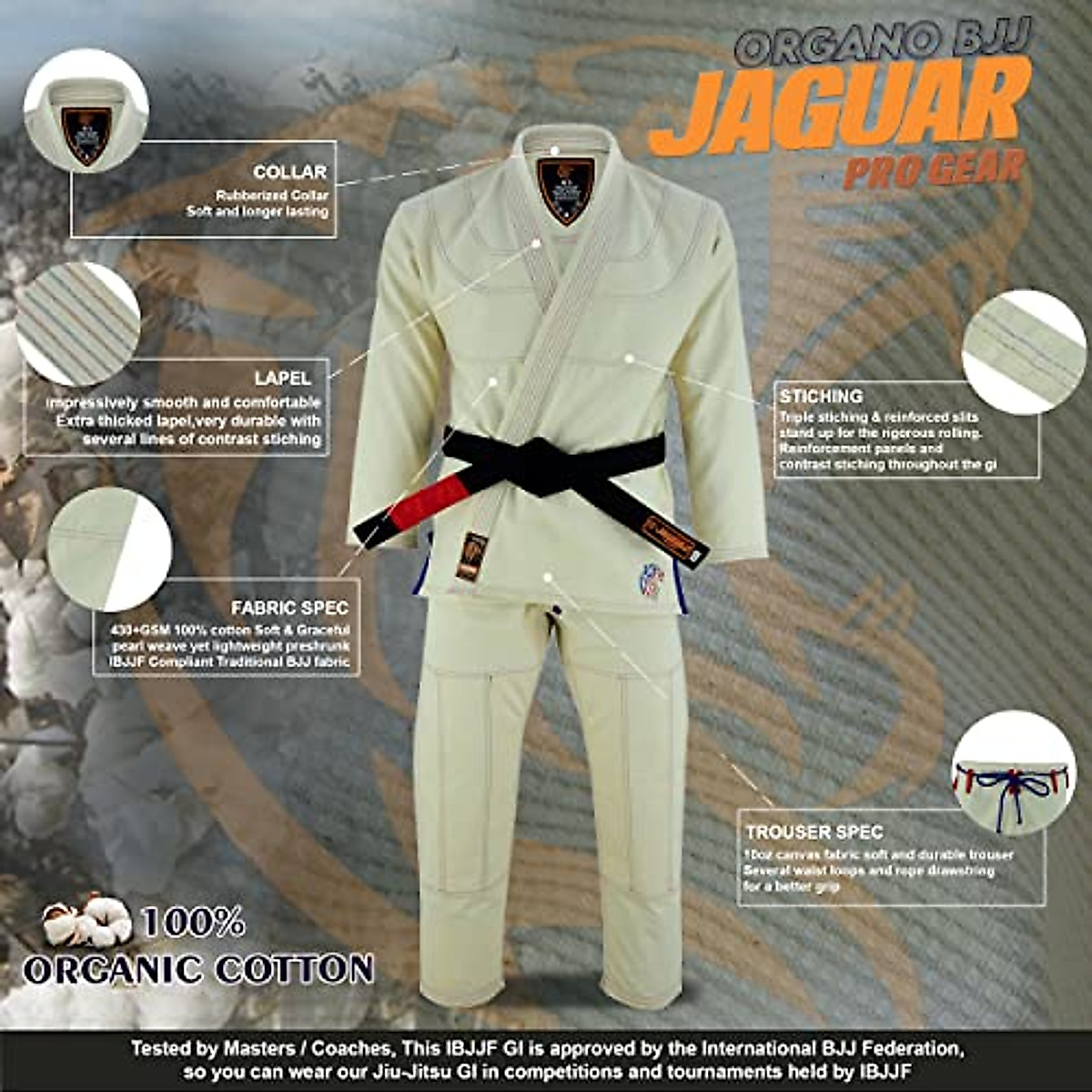 JAGUAR PRO GEAR ORGANO - Pure Organic Cotton Light Weight Kimono Brazilian Jiu Jitsu Gi Unisex (K-0, White)