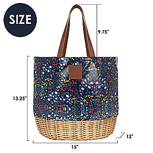 WILLOW WEAVE Portable Picnic Basket Set with Service for 2, Sturdy Woven Base & Canvas Picnic Beach Tote Bag with Drawstring Closure & Insulated Lining, for Outdoor Events, Shopping - Blue Floral
