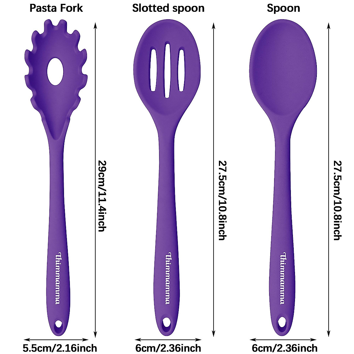 Silicone Cooking Spoons, Heat Resistant Large Silicone Pasta Slotted Spoon Solid Basting Spoon set for Nonstick Cookware, BPA Free Black Kitchen Silicone Spoons set for Mixing, Serving, Purple