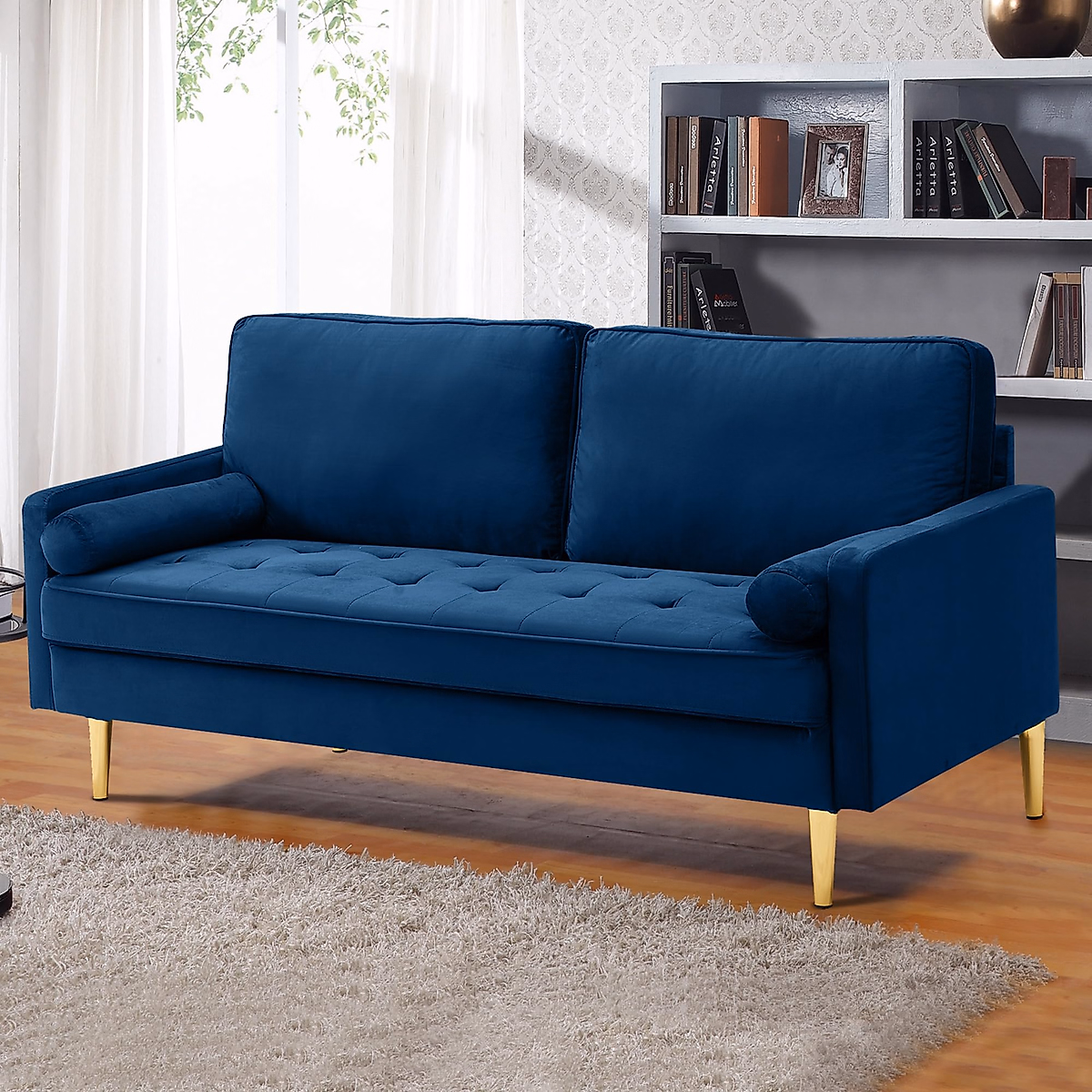 RXRRXY 67" Modern Velvet Loveseat Sofa Couch, Mid-Century Tufted Upholstered Small Love Seat Couch with 2 Pillows & 4 Golden Legs, 2-Seats Couches for Compact Space, Living Room, Apartment (Navy)
