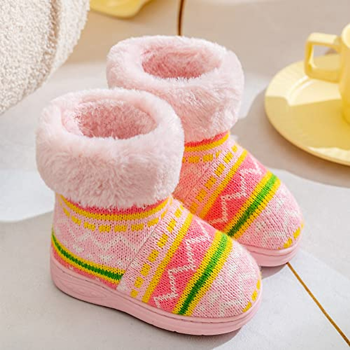 Anddyam Kids Fuzzy Warm Soft Boot Slipper Non-Slip House Shoes Outdoor Indoor Winter Knitted Cozy Warm Girls Boys Slipper 12-13 pink