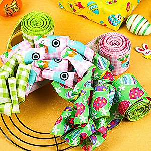 3 Rolls 2.5 Inch Easter Wired Edge Ribbon Easter Eggs Printed Ribbon Bunny Carrots Truck Ribbon Easter Plaid Burlap Ribbon for Easter Wreath Decoration Wrapping Floral Bows, Totally 19.5 Yards