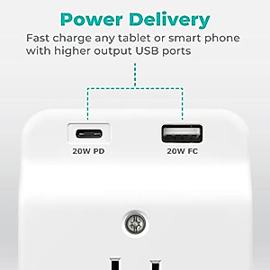 KMC USB-C PD Surge Protector 3-Outlet Wall Tap, USB-C Power Delivery Charger and USB-A Fast Charging Port, 500J Surge Protection, Wall Mountable Outlet Adapter for Home, Office, Dorm Essentials, White