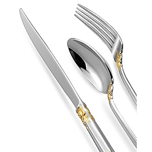 KEAWELL Luxury 20 Pieces 18/10 Stainless Steel Flatware set, Service for 4, silver plated with gold accents, Fine Silverware set and Dishwasher Safe (Gold Accent)