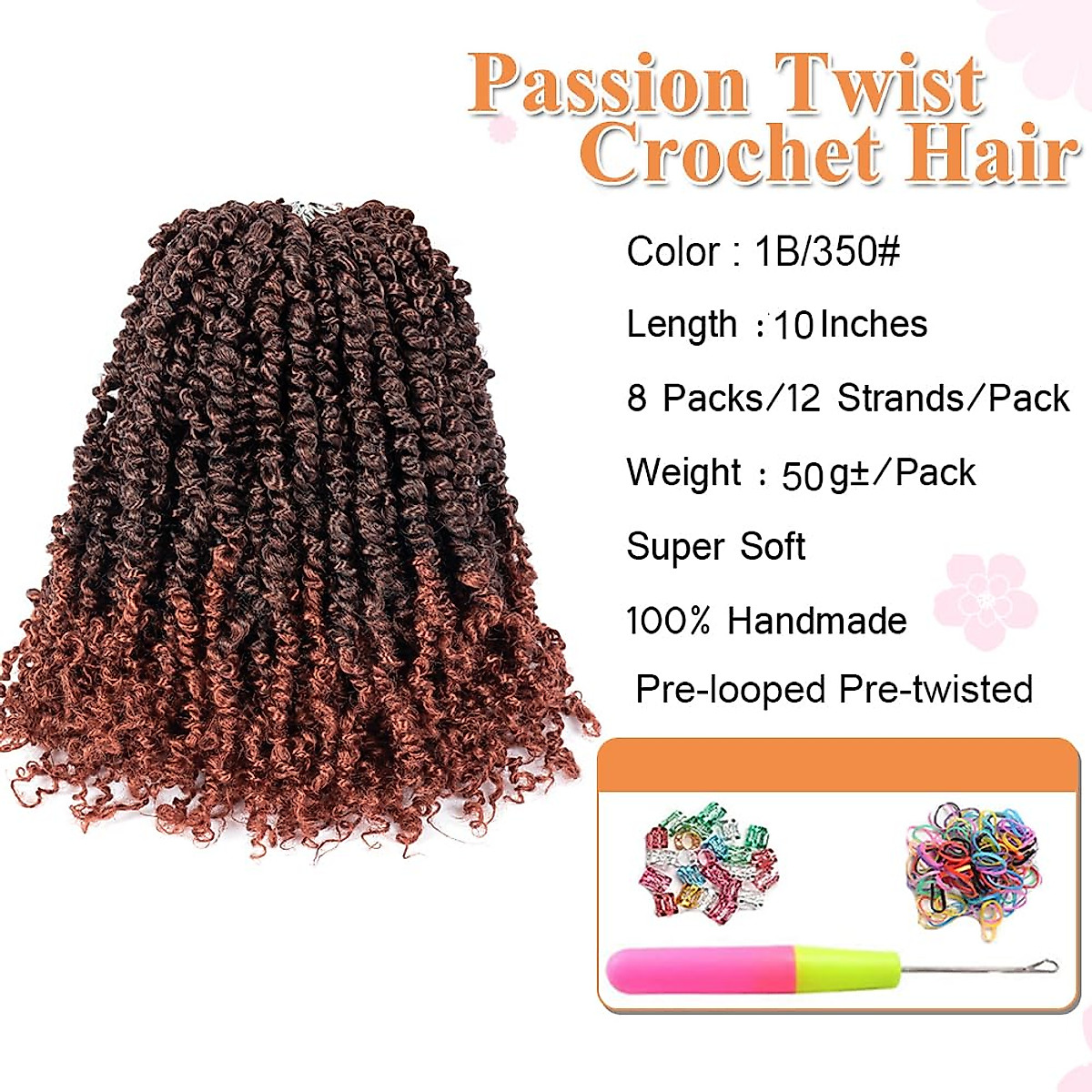 Passion Twist Crochet Hair 10 Inch 8 Packs Pre-twisted Passion Twist Crochet Hair Pre-looped Passion Twist Hair Bohemian Braids Synthetic Crochet Hair Extensions(10 Inch (Pack of 8), 1B/350#)
