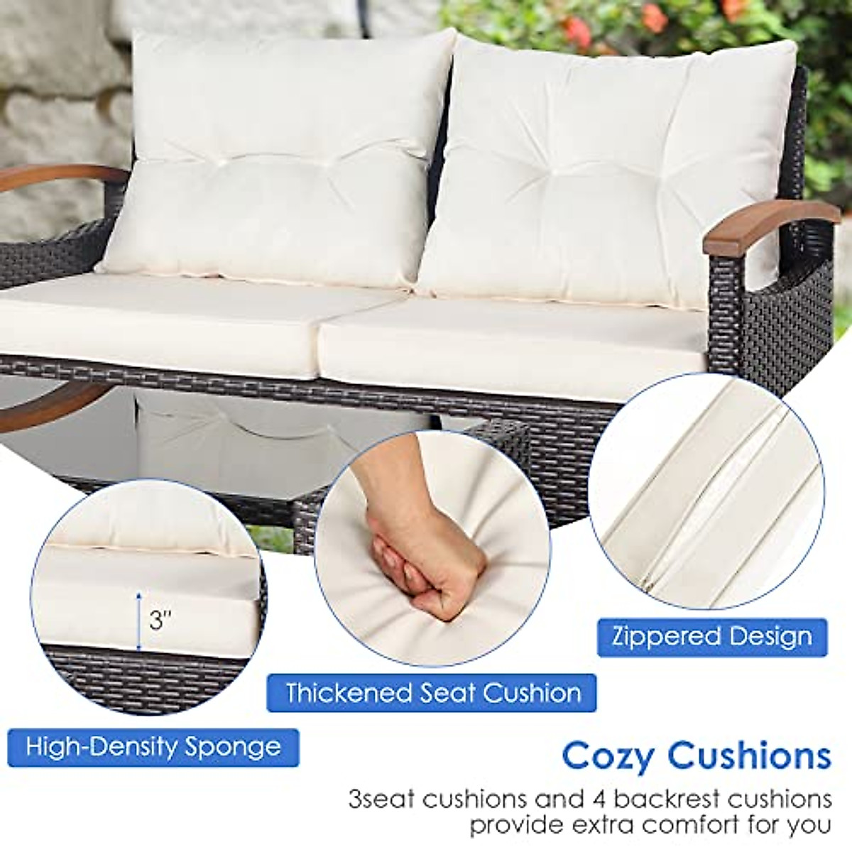 HAPPYGRILL 4 Piece Patio Conversation Set Rattan Sectional Sofa Set with Soft Cushions and Coffee Table, Outdoor Wicker Furniture Set with Acacia Wood Armrests, Perfect for Poolside, Garden, Backyard