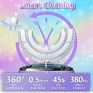 KRX Kids Toothbrush Electric, U Shaped Ultrasonic Automatic Toothbrush with 2 Brush Heads, Six Cleaning Modes, Cartoon Modeling Design for Kids, Special for Birthday Gift (Purple, Kids 2-7)