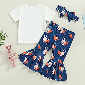 Baby Girl Easter Outfits Short Sleeve Bunny Egg Print T-Shirt Long Flare Pants Clothing Set Toddler Summer Outfit (Blue+White,4-5T)