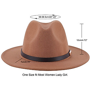 Lanzom Women Lady Retro Wide Brim Floppy Panama Hat Belt Buckle Wool Fedora Hat Fit Size 6 8/7-7 1/4 (01-Khaki, One Size)