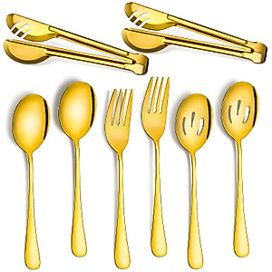 Patelai Stainless Steel Serving Utensils Large Serving Spoon Set 9.45 Inch Metal Tongs 9 Inch Serving Forks 8.7 Inch Slotted Spoons and Serving Spoon Kitchen Wedding Party(Gold, 8 Pieces)