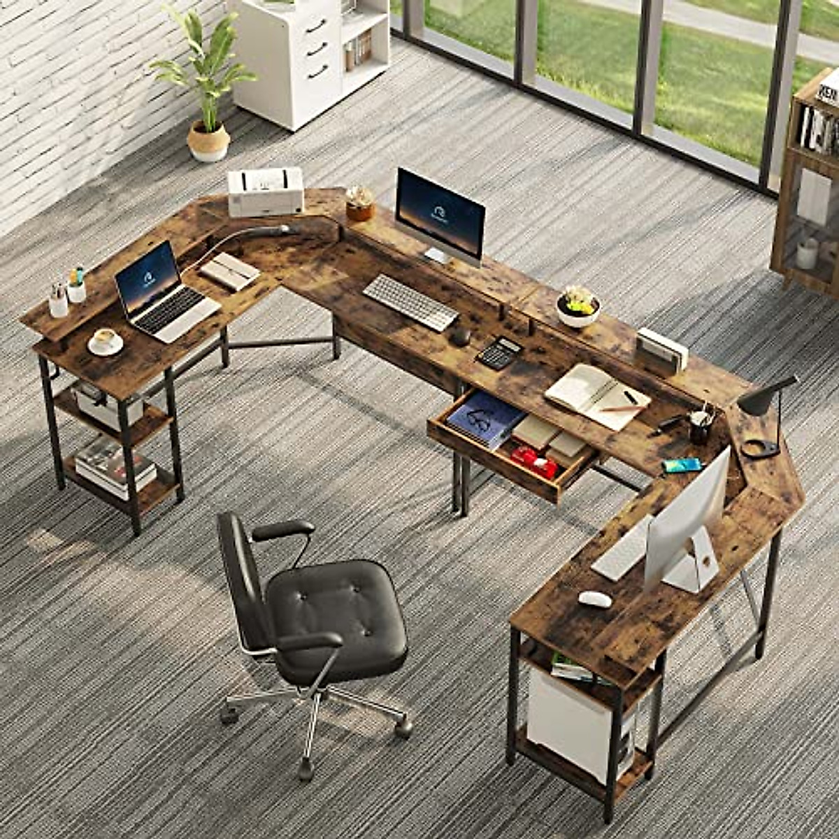 Rolanstar L Shaped Gaming Desk with Drawer, 55.1" Reversible Computer Desk with Power Outlets & LED Lights, Home Office Desk with Monitor Stand & Storage Shelf, Desk with Hooks Rustic Brown