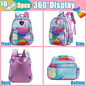 Mermaid Backpack for Girls Backpacks for Elementary Preschool Student with Lunch Box Pencil Case 3 in 1 Bookbag for Girls for School