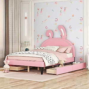 HBRR Wooden Bed Frame Full Size with 4 Storage Drawers and Bunny Ears Headboard, Upholstered Platform Bed with Storage for Kids Teens Boys & Girls, No Box Spring Needed, Pink