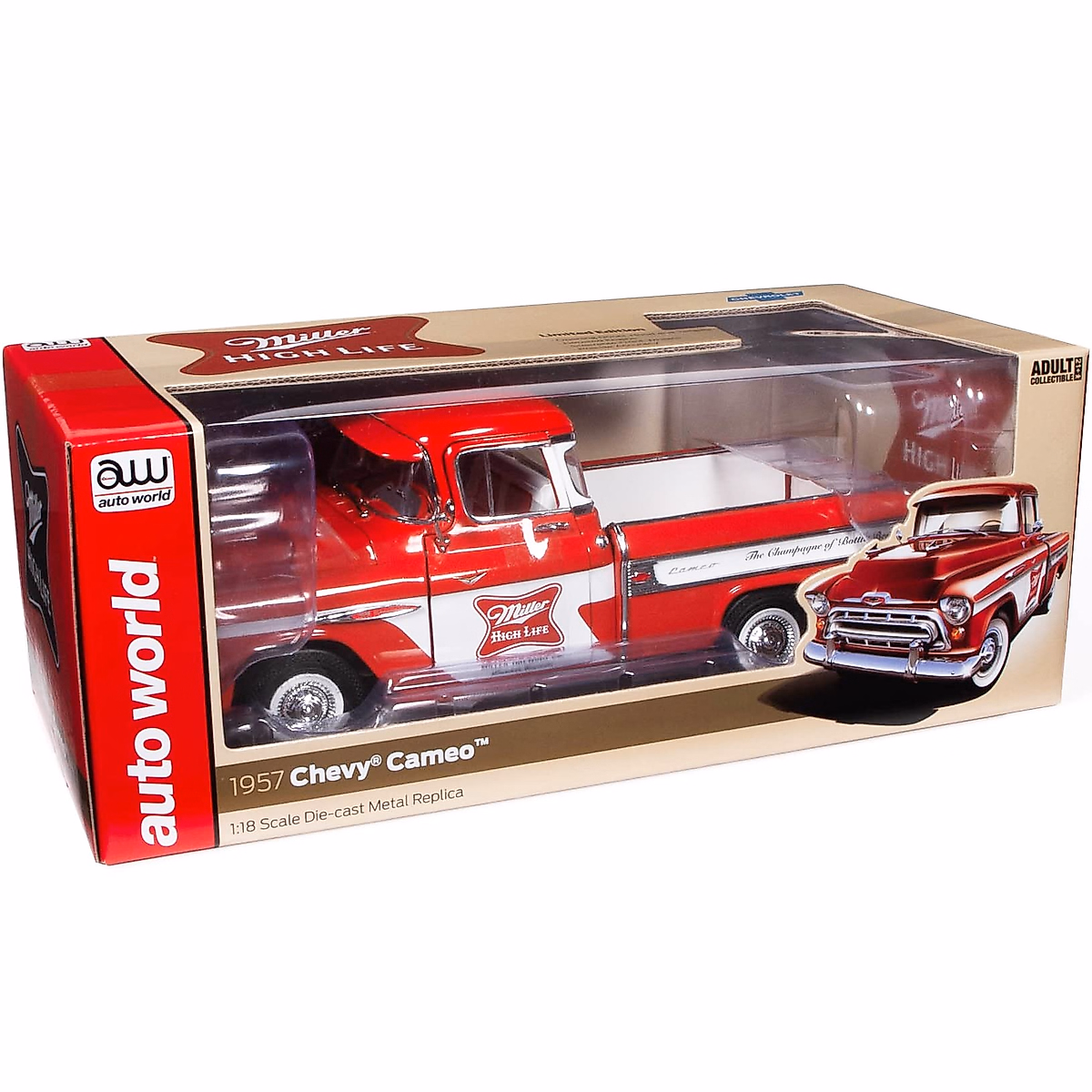 Auto World 1957 Chevy Cameo Pickup Truck Red and White 1/18 Diecast Model Car by Autoworld AW287