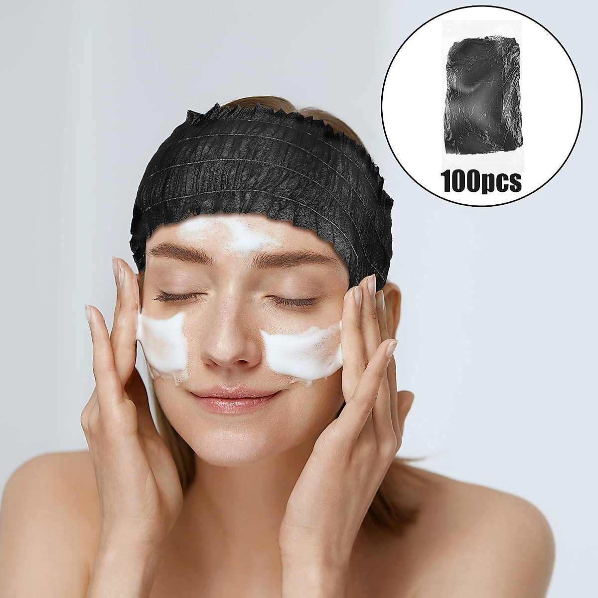 100 Pieces Disposable Headbands Soft Non Woven Facial Spa Headbands Cloth Stretch Skin Care Hair Band Salon Makeup Sauna Supplies Individually Packaged for Women Girls, Black