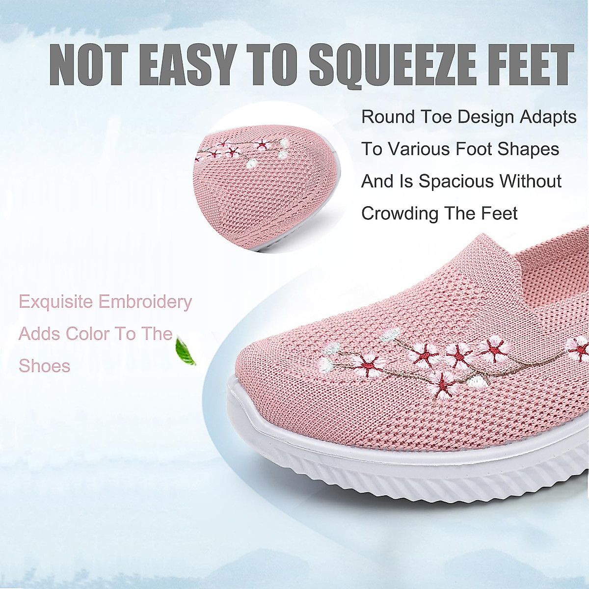 Lymphvity Women's Flower Embroidered Mesh Slip On Walking Shoes Height Fashion Wedge Increasing Loafers Sneakers Non Slip Memory Foam Mom Walking Nurse Shoes (7,Pink)