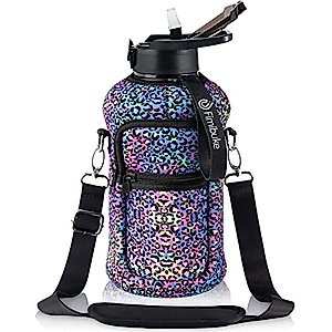 Fimibuke 64 OZ Water Bottle with Handle & Straw, Leakproof Motivational Sports Gym Water Bottle with Time Marker, BPA Free, Neoprene Holder, Leopard