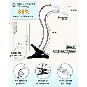 DOMMIA Grow Lights for Indoor Plants,Full Spectrum Grow Light with Warmwhite Red LED,Dual Head Clip on Plant Light for Indoor Plants,ON/Off Switch,Adjustable Gooseneck Plant Light for House Plants