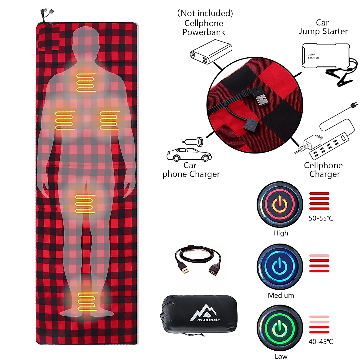 Mantuole Heated Sleeping Bag pad, Heated Sleeping Bag Liner, 5 Heating Zones, Operated by Battery Power Bank or Other USB Power Supply, Compact Bag Included. Black & Red Flannel.