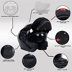 Milwaukee Helmets MPH9815DOT Breeze Gloss Black Advanced Motorcycle Modular Helmet Biker w/Drop Down Visor - Small