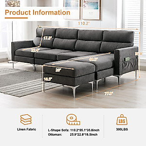 Houjud 110" Convertible Sectional Sofa Couch, Modern Linen Fabric L-Shaped Couch 4-Seat Sofa Couch w/Reversible Chaise and Side Pockets for Living Room, Apartmentt (Grey)