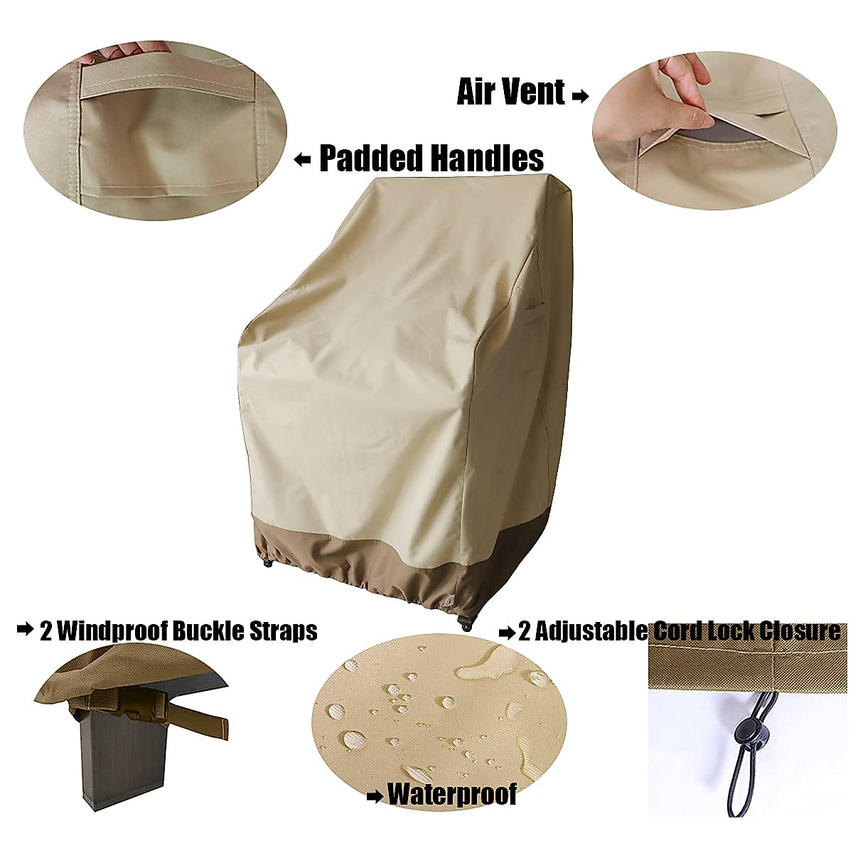 Vanteriam Patio Chair Covers for Outdoor Lawn Furniture Waterproof - 600D Heavy Duty and Waterproof Patio High Back Chair Covers - W29''x D30''x H37.5'' Beige & Brown 2 Pack