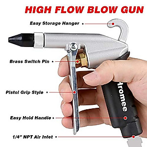 Hromee High Flow Air Blow Gun Kit with Nozzles Tips and Extensions, 13 Pieces Air Compressor Accessory Tools with 1/4" NPT V-Type Aluminum Couplers and Plugs
