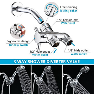 PDPBath Brass 3 Way Shower Arm Diverter Valve for Handheld Shower Head and Fixed Shower Head, G1/2 Universal Connection - Chrome