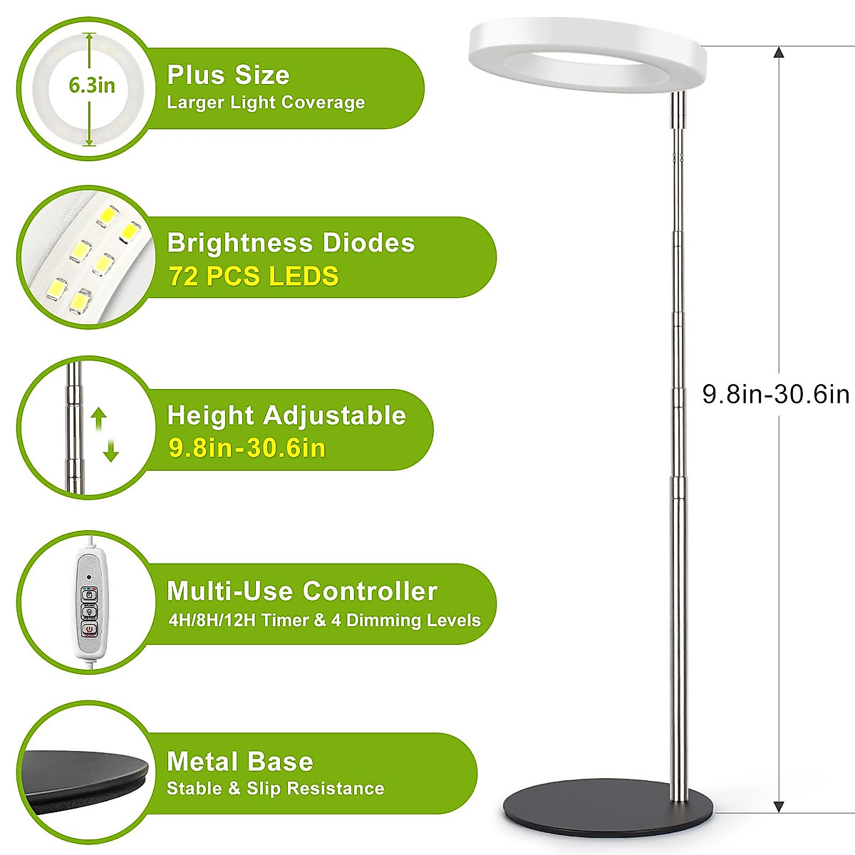 LORDEM Grow Light, LED Plant Light for Indoor Plants Growing, Full Spectrum Desk Growth Lamp with Automatic Timer for 4H/8H/12H, 4 Dimmable Levels, Height Adjustable 9.8"-30.6"