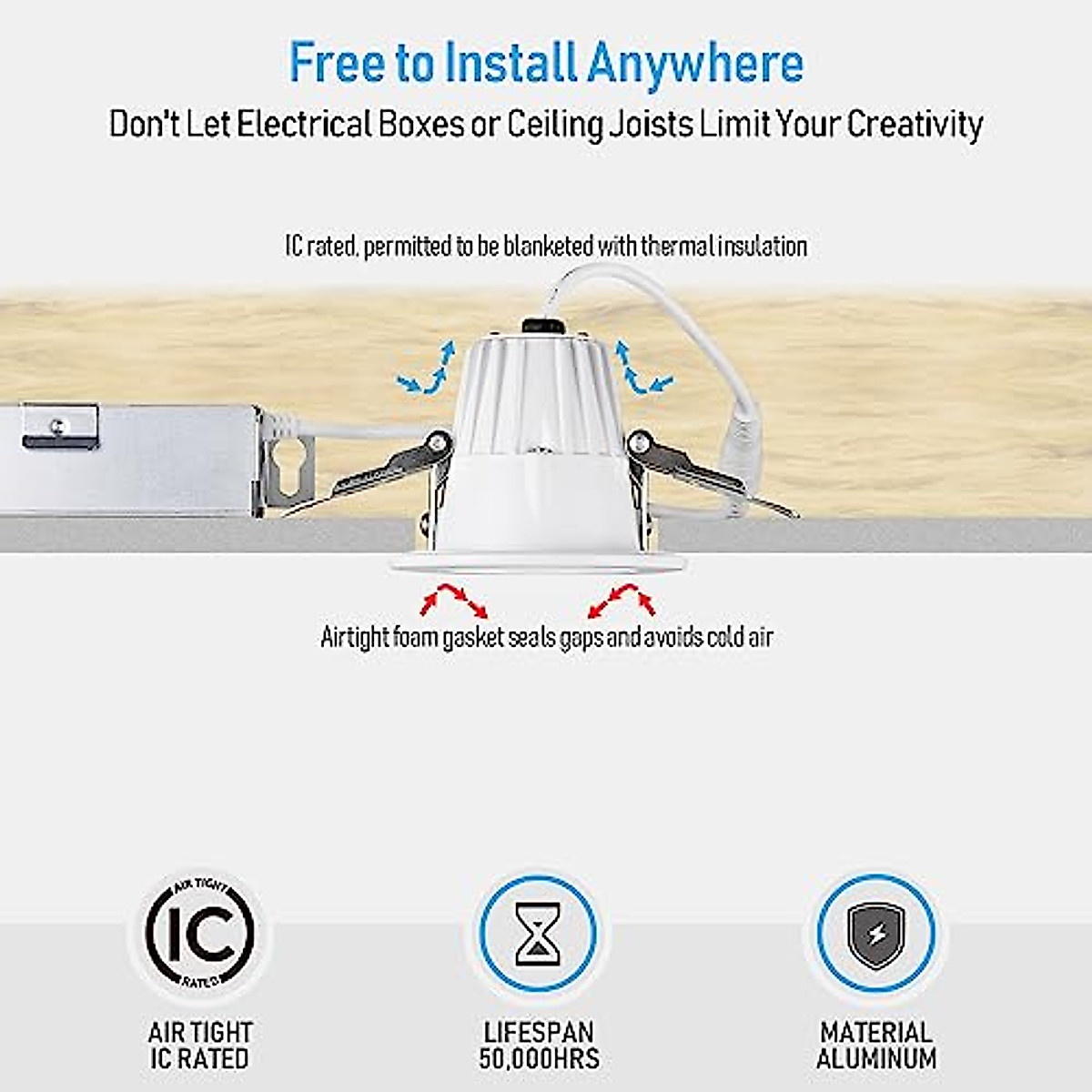 TORCHSTAR 2 Inch LED Recessed Lighting with Junction Box, 600lm CRI90+ Dimmable Anti-Glare LED Downlight, IC Rated, ETL, Energy Star, JA8 & T24 Listed, Baffle Trim, 3000K Warm White, Pack of 6