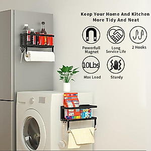 Magnetic Paper Towel Holder for Refrigerator, Magnetic Spice Rack,Magnetic Shelf for Stove,Wall Mount Towel Rack with Hooks,Refrigerator Organizer for Kitchen (Black)