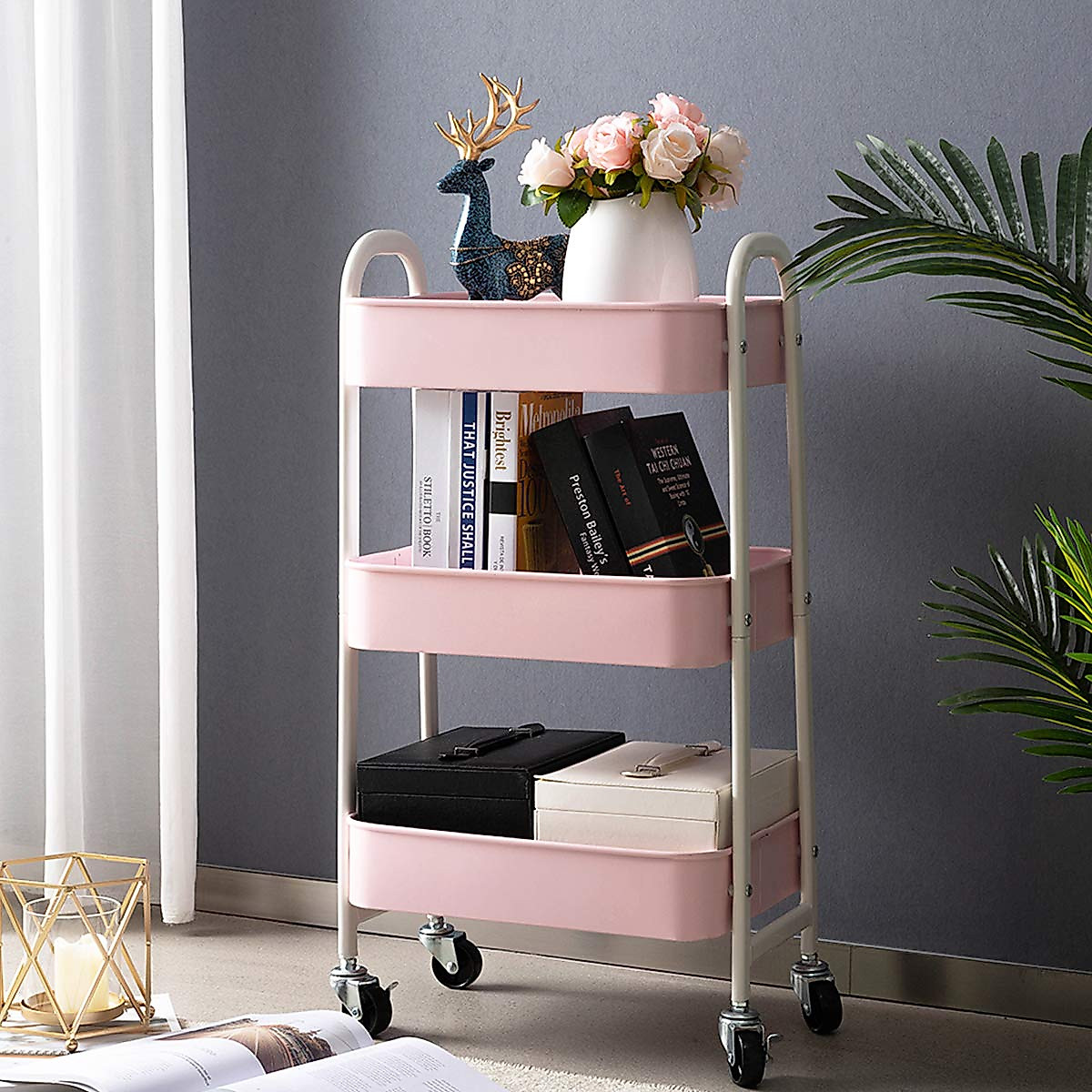AGTEK Makeup Cart, Movable Rolling Organizer Cart, 3 Tier Metal Utility Cart, White - Pink