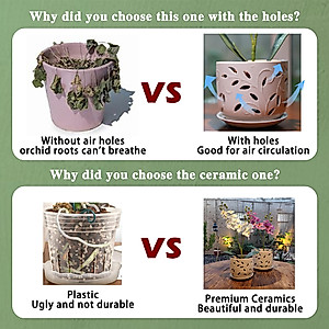 KERUITA Orchid Pots with Holes,6 inch + 5 inch Ceramic Planters Set of 2 with 2 Bottom Tray, Enhanced Drainage and Ventilation,White Flower Pots for Indoor/Outdoor Plants for Repotting