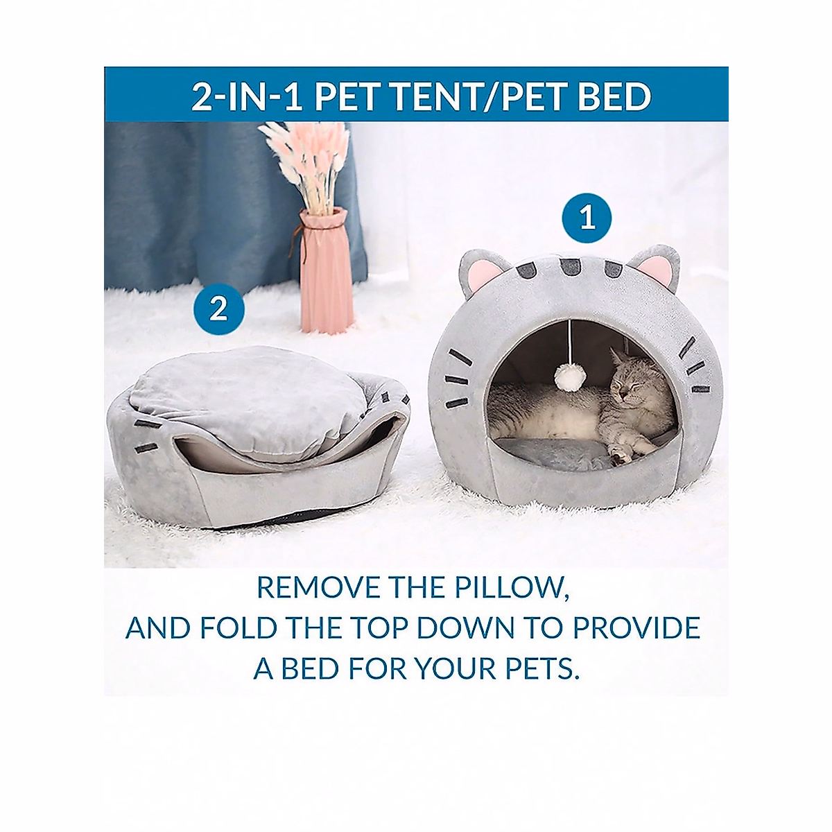 QWINEE Indoor Cat Bed Cave with Removable Cushion - Pet Plush Tent House Cartoon Ear Design Pet Bed with Pompom for Cats Kitten Dogs Puppy and Rabbit Multicolor L