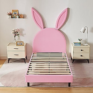 VECELO Kids Twin Bed Frame with Upholstered Headboard, Princess Beds for Girls, 12 Wooden Slats Support, No Boxing Spring Needed